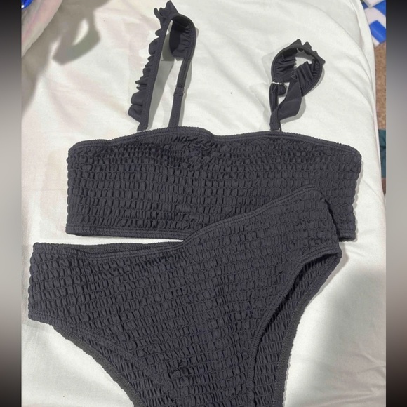 SHEIN | Swim | Smocked Frill Trim Bathing Suit Set In Black | Poshmark